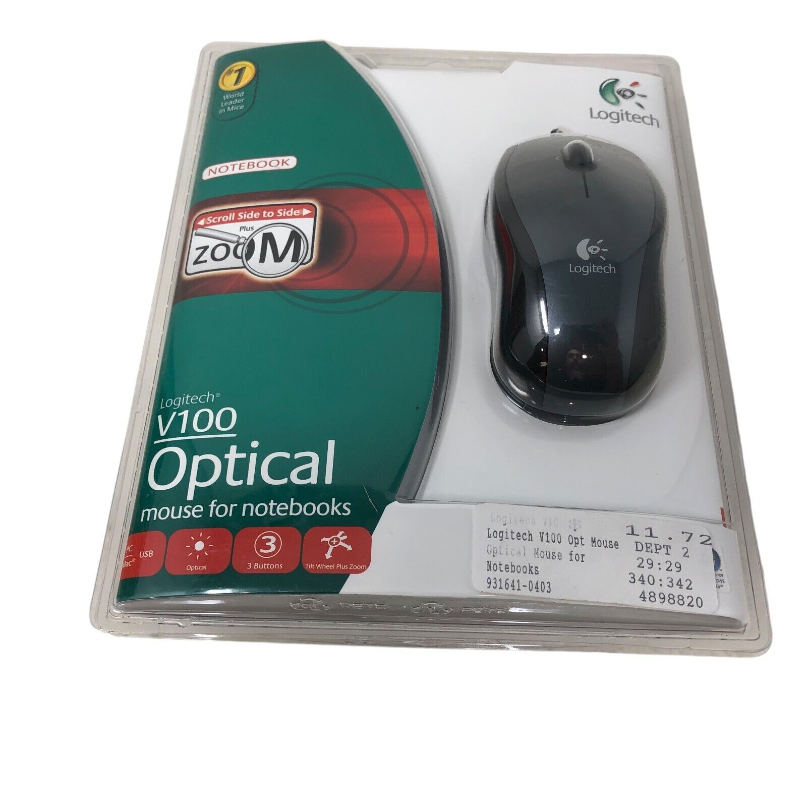 NIP Logitech V100 3-Button USB Optical Mouse Tilt Wheel Plus Zoom Black ...