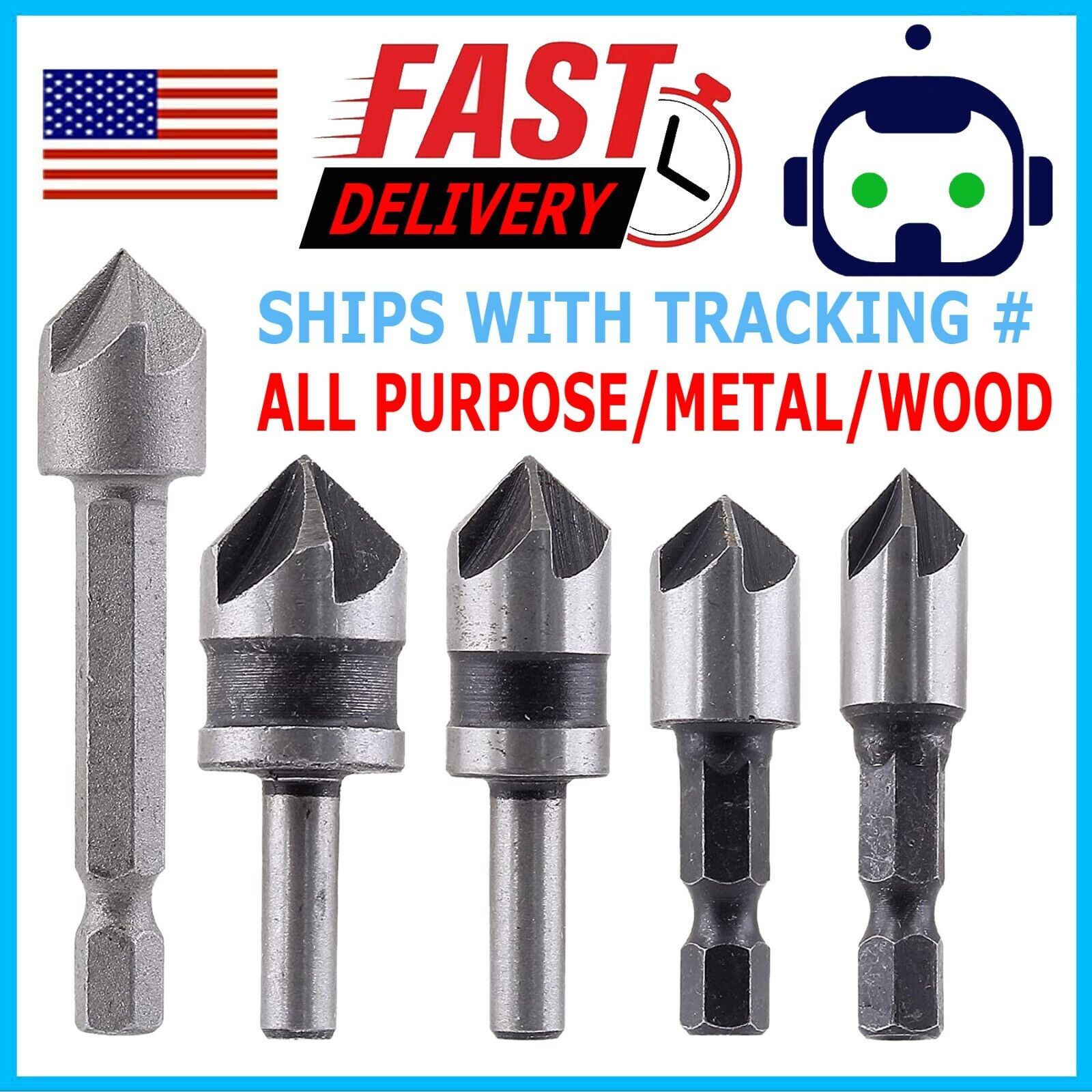 5Pc Chamfer Countersink Deburring Drill Bit Set Crosshole Cutting Metal ...