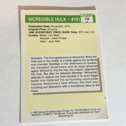 The Hulk Vs Wolverine Trading Card Marvel Comics 1990 #134 - Trading ...