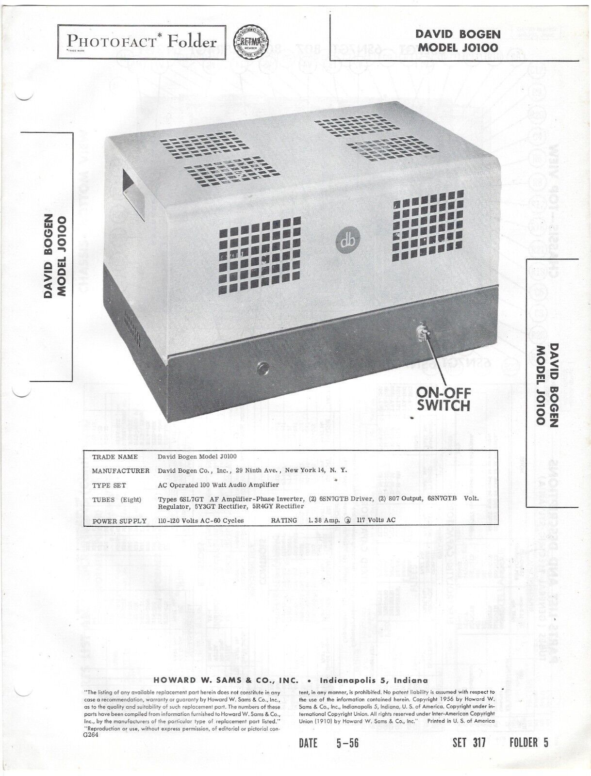 1956 DAVID BOGEN J0100 Tube Amp AMPLIFIER Photofact MANUAL Schematic ...