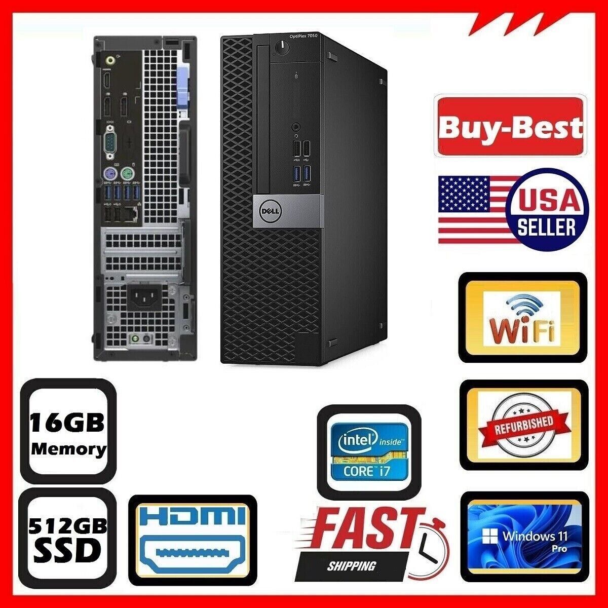 Dell Windows 11 Pro i7-6700 Desktop 512GB NVMe SSD 16GB RAM Up to 4.0 ...