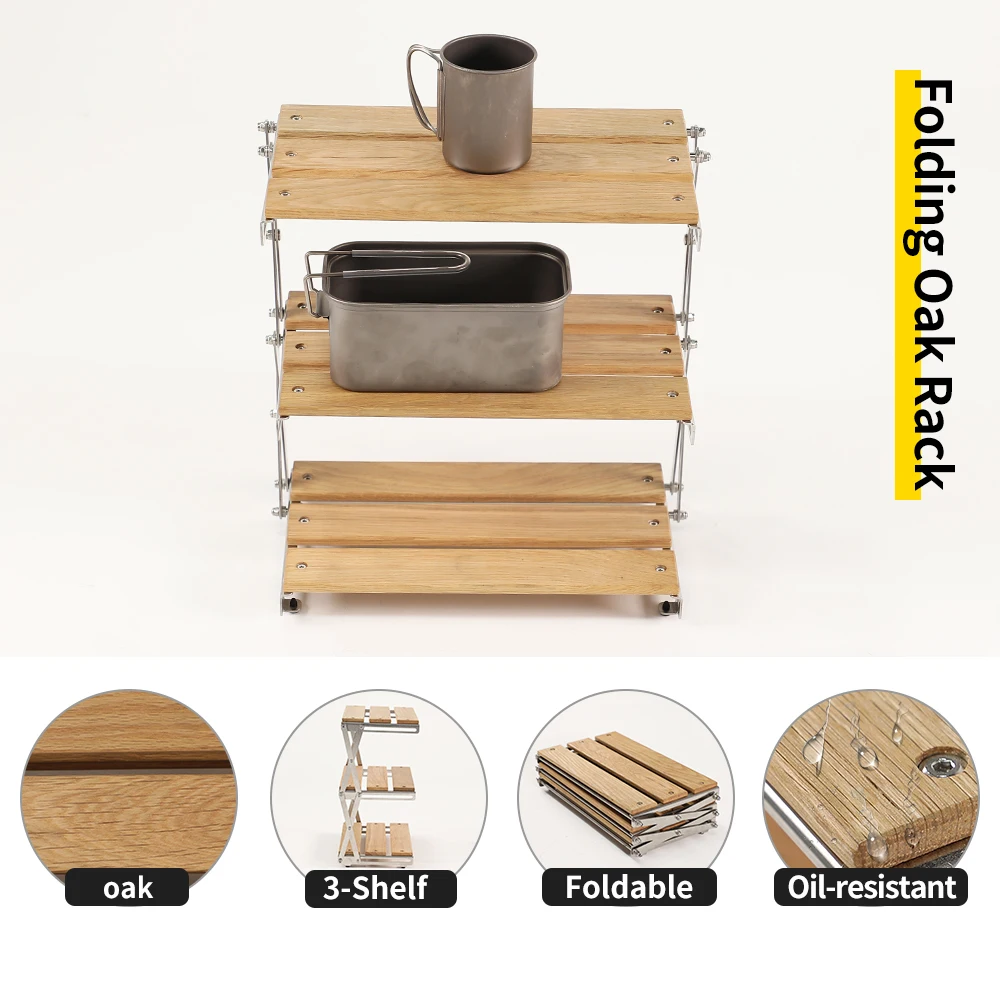Camping tabletop foldable oak rack 3-shelf wooden collapsible folding ...