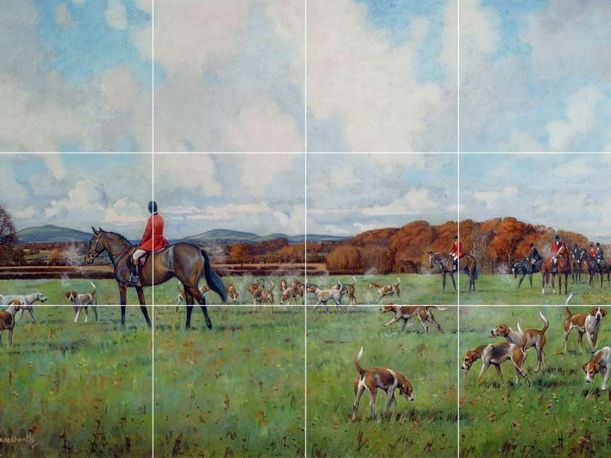 fox hunting hunt foxhound painting ceramic tile art mural 24"x18 ...