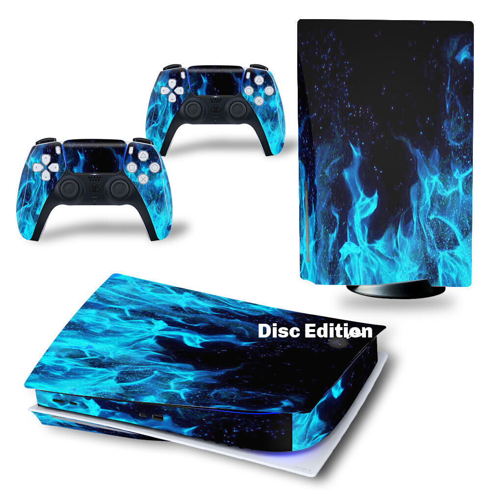 For PS5 Disc Edition Console & 2 Controller Blue Flame Vinyl Wrap Skin ...