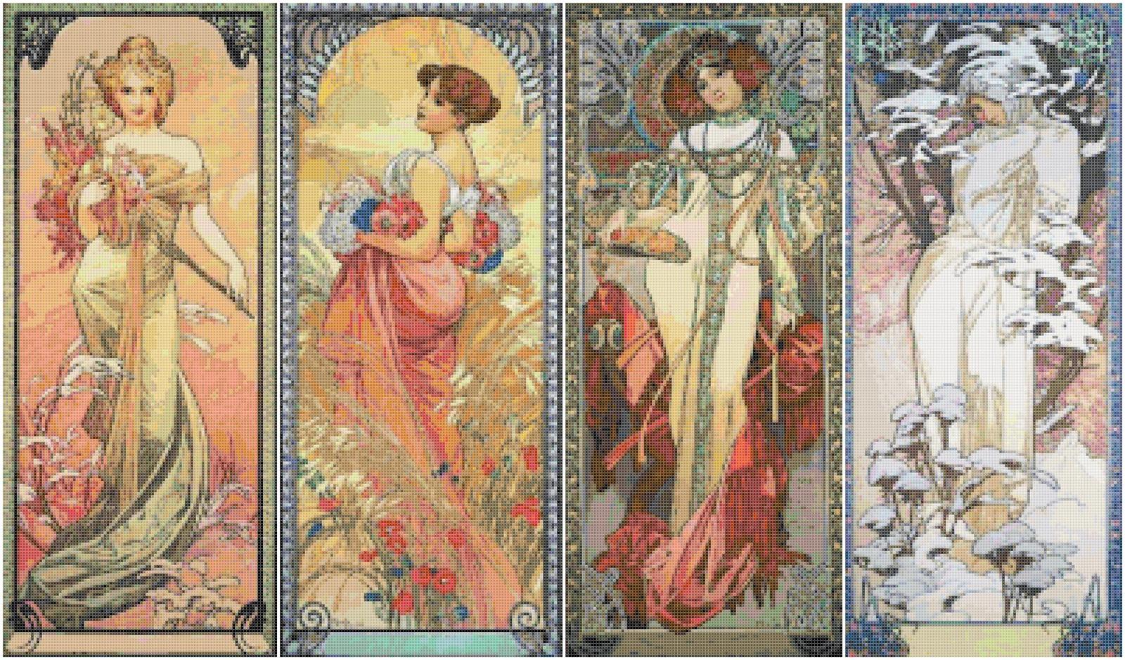 counted cross stitch pattern 4 season Mucha stained 400 * 234 stitches ...