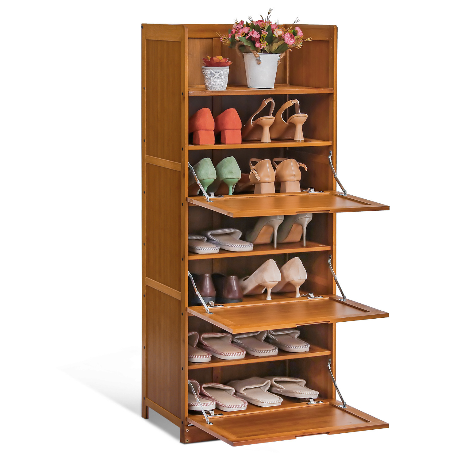20"Entryway Bamboo [Enclosed Edge] Shelf 7-Tier Drop Down Door Shoe ...