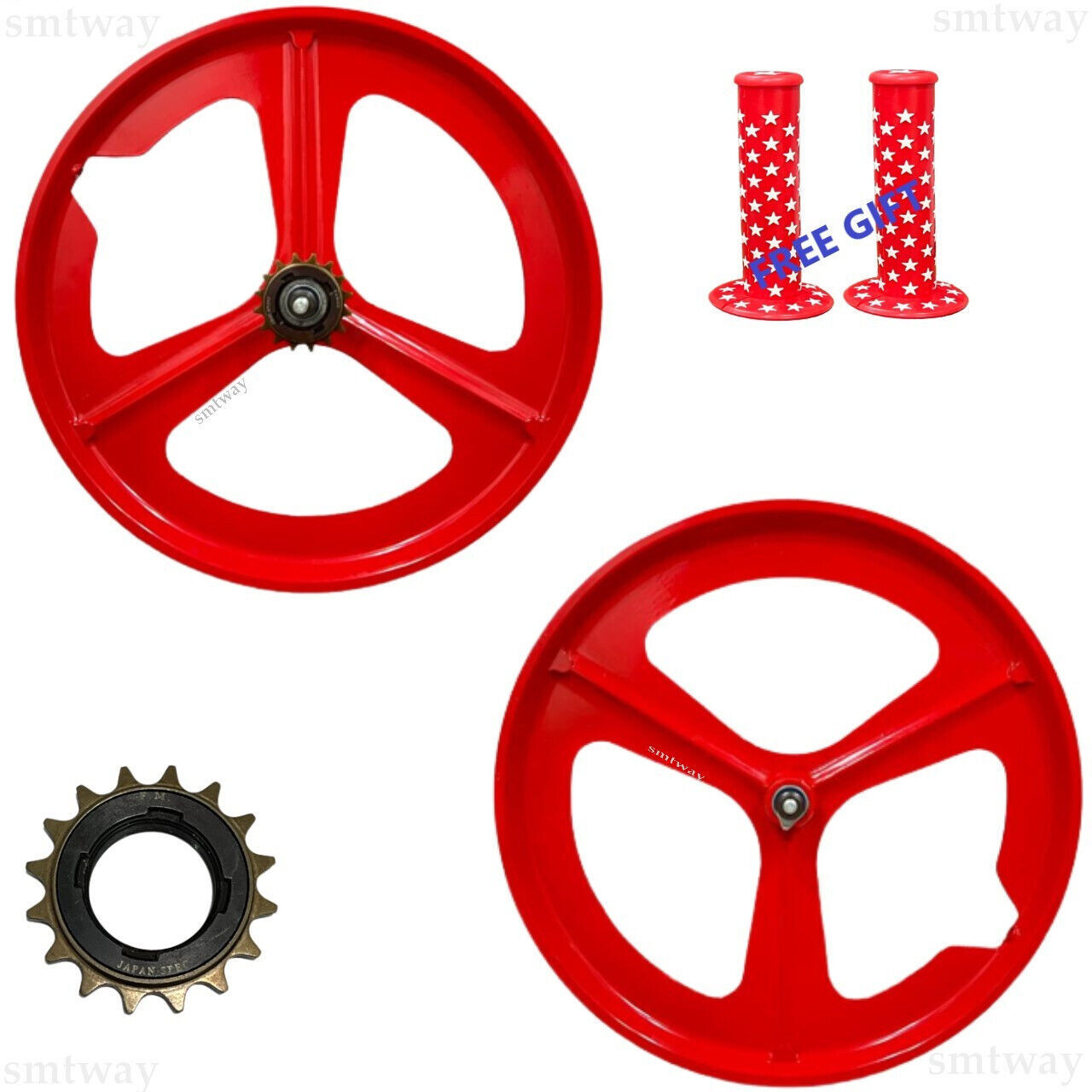 BMX Bicycle 20" ALLOY Sport Rim 3 SPOKE RED Wheelset-Hub SeT-FREE WHEEL ...