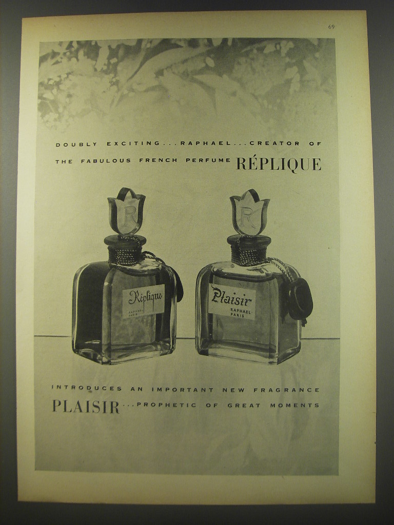 1956 Raphael Replique and Plaisir Perfume Ad - Doubly exciting - 1980-89