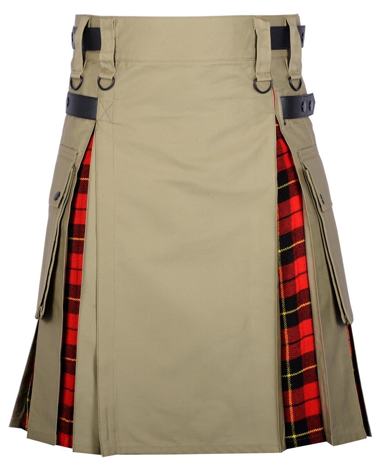 Scottish Khaki Cotton Utility Kilt under Pleats Wallace Tartan hybrid Men's kilt - Scotland