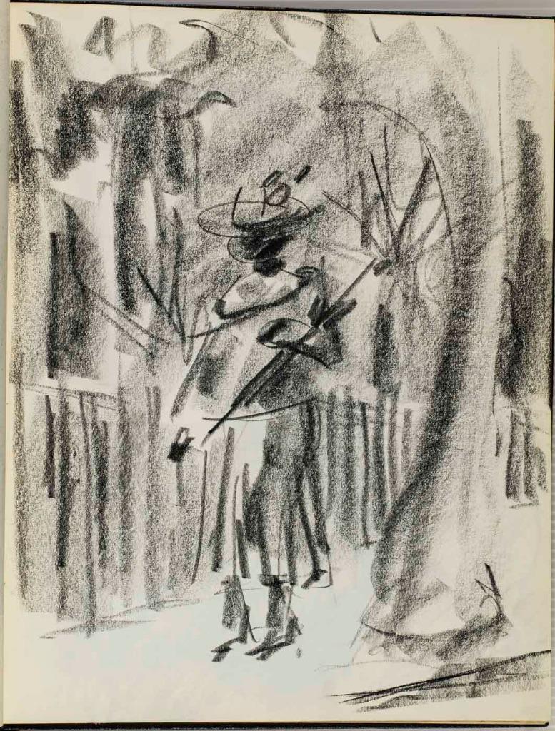 Vintage Graphite Pencil Drawing on Paper Mid Century Woman w/ Parasol ...