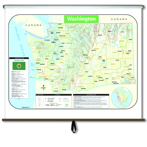 Washington Large Scale Shaded Relief Wall Map on Roller - Maps & Atlases