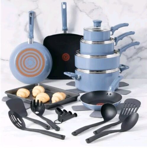 T-Fal ~ 22-Pc. BLUE Cookware Set ~ Pro Glide ~ Thermo Spot ~ Comfort ...