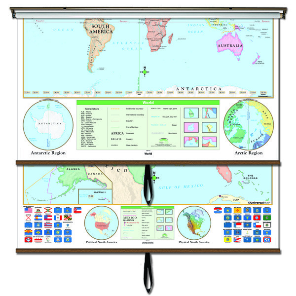 US/World Beginner Combo Classroom Wall Map on Roller w/ Backboard ...