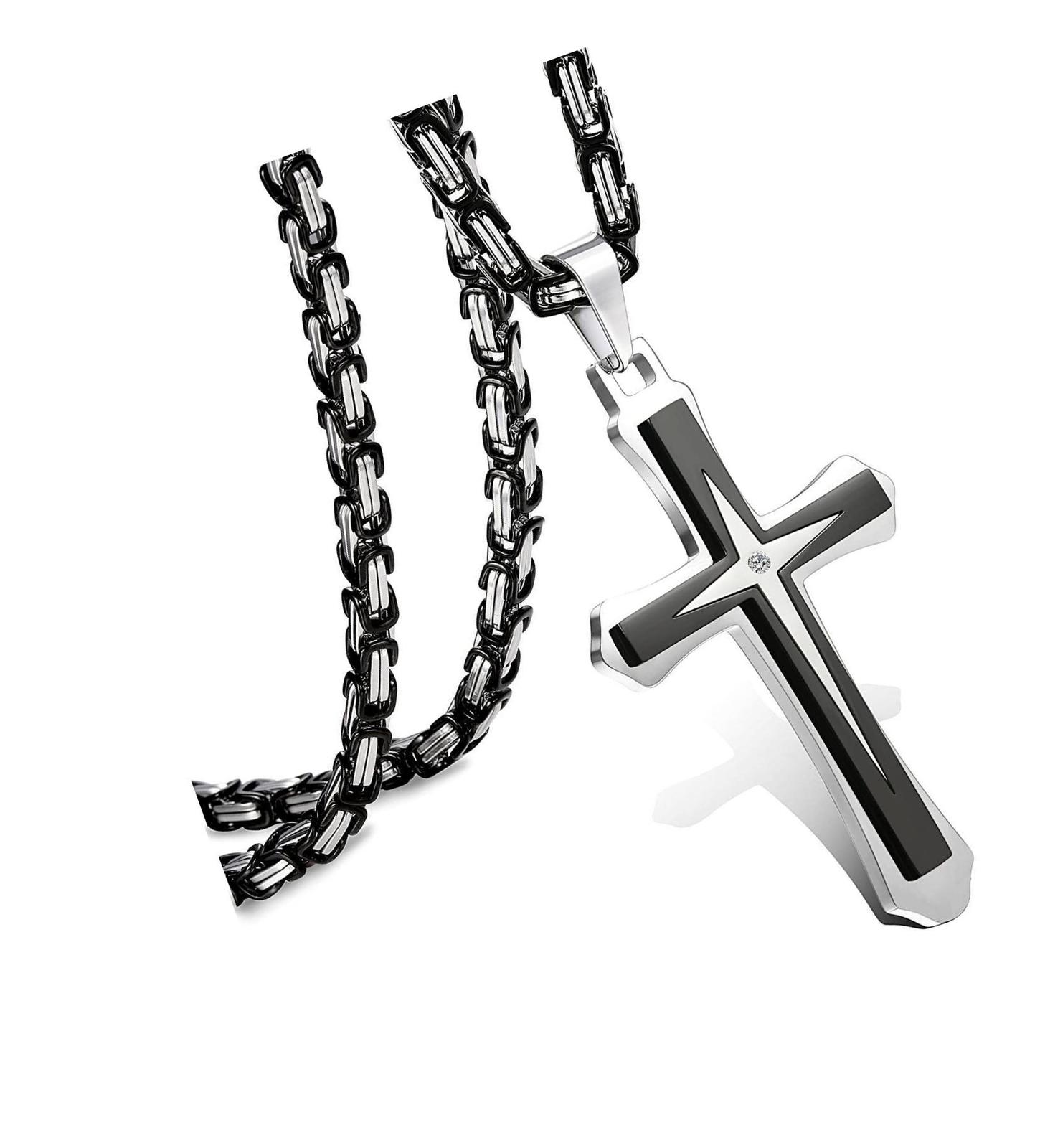 5MM Stainless Steel Cross Necklace for Men Byzantine - Necklaces & Pendants