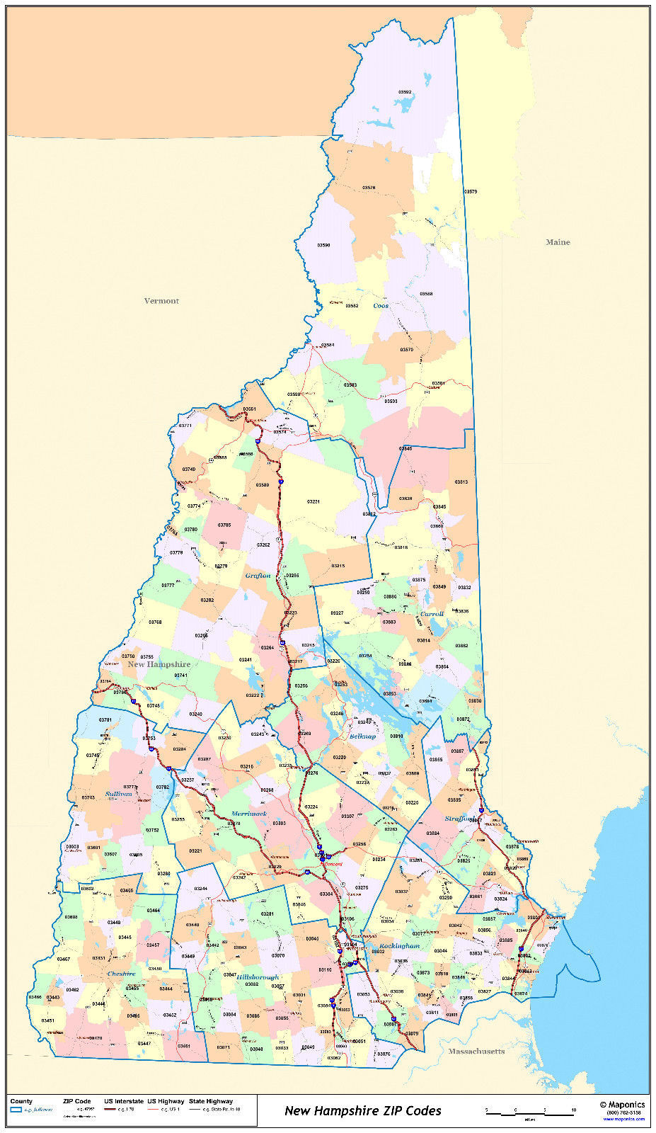 New Hampshire State Zipcode Laminated Wall Map - Maps & Atlases