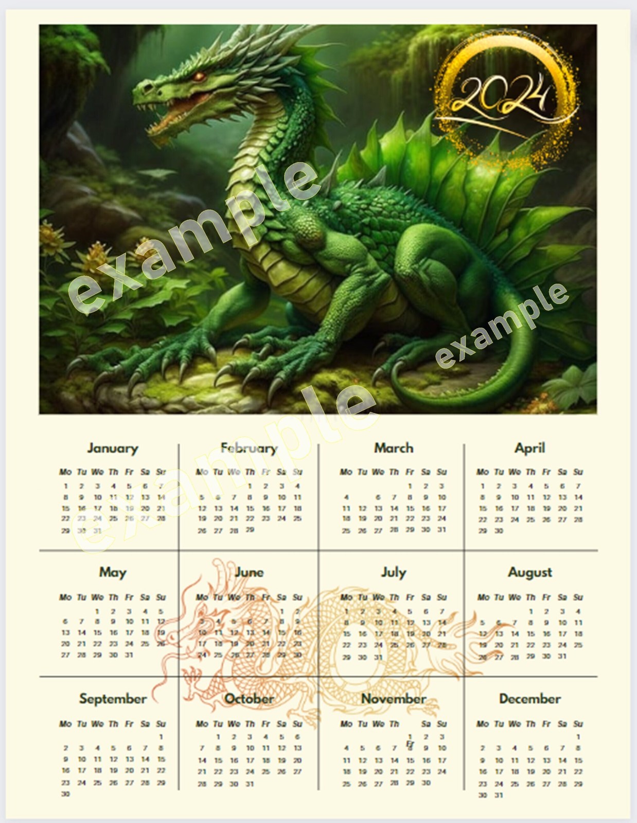 Calendar with green dragon 2024 wall calendar. Desk calendar printable ...