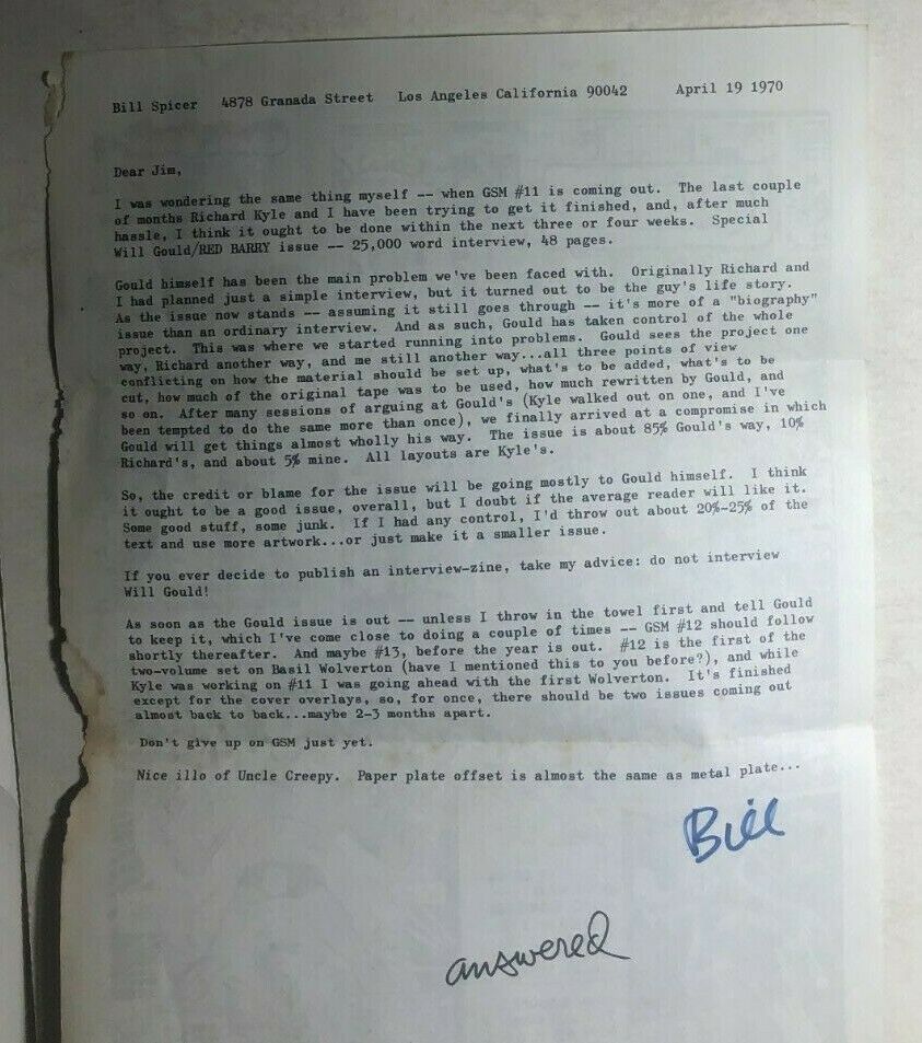 vintage 1970 GSM letter signed by Bill Spicer to comic fanzine artist ...