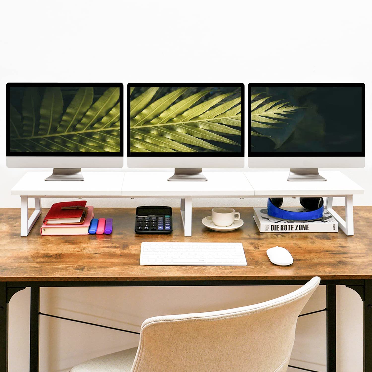White Dual Monitor Stand 42 Inch Long Monitor Riser Wood Tv Stand Riser ...