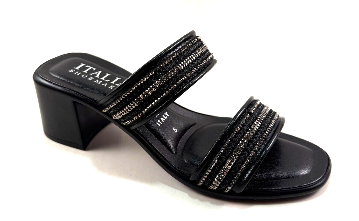 Italian Shoemakers Curie Black Embellished Mid Block Heel Slip On ...