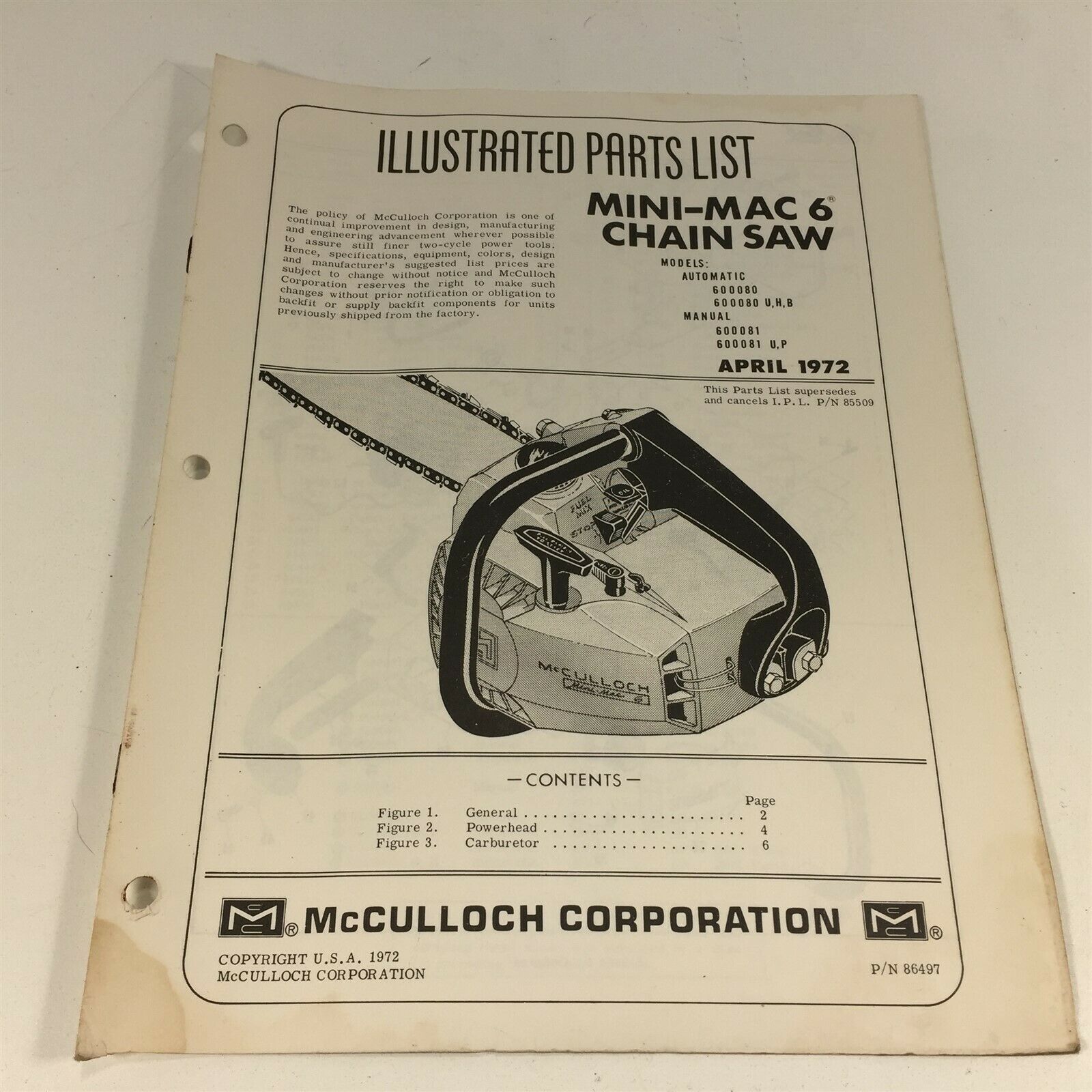 1972 McCulloch Mini-Mac 6 Chain Saw Illustrated Parts List 86497 600080 ...