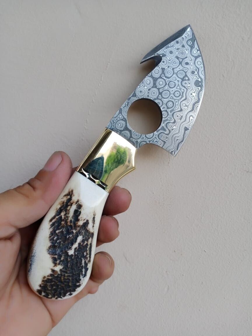 Damascus Knife, Antler Knife, Hand Forged Fixed Blade Knife, Gut Hook ...