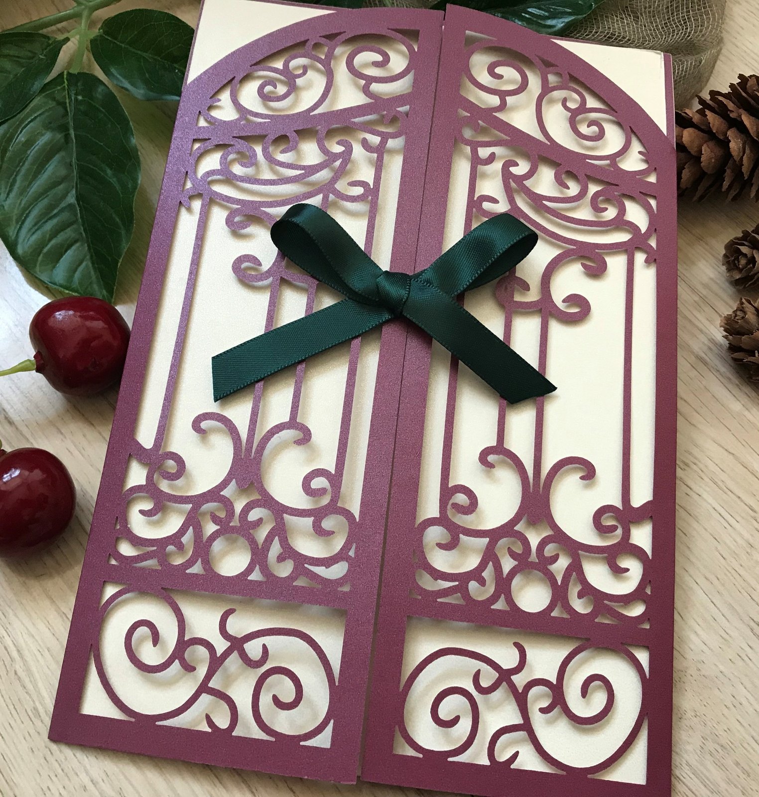 50pcs Pearl Burgundy Red Gate Laser Cut Invitations Cards,Laser Cut ...