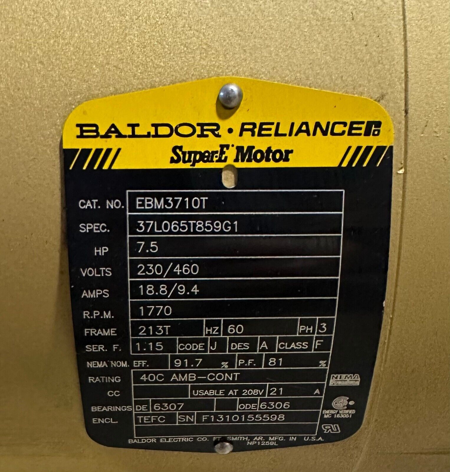 NEW BALDOR RELIANCE EBM3710T Super-E MOTOR 7.5HP 230/460V 3PH 1770 RPM TEFC - General Purpose Motors