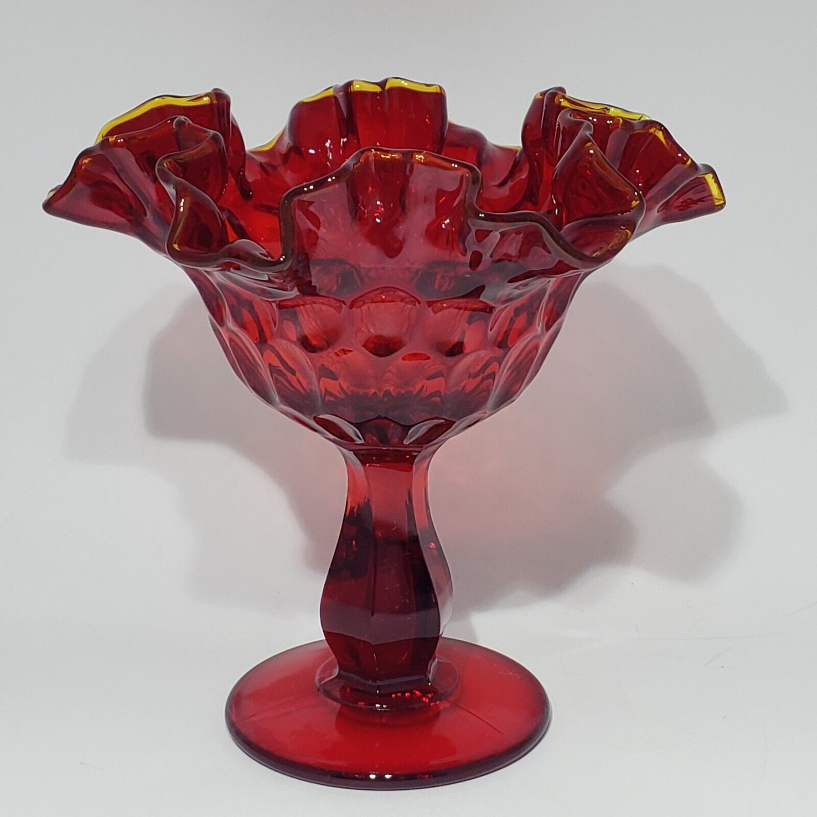 Fenton Glass Ruby Red Ruffled Thumbprint Pedestal Candy Dish Amberina ...