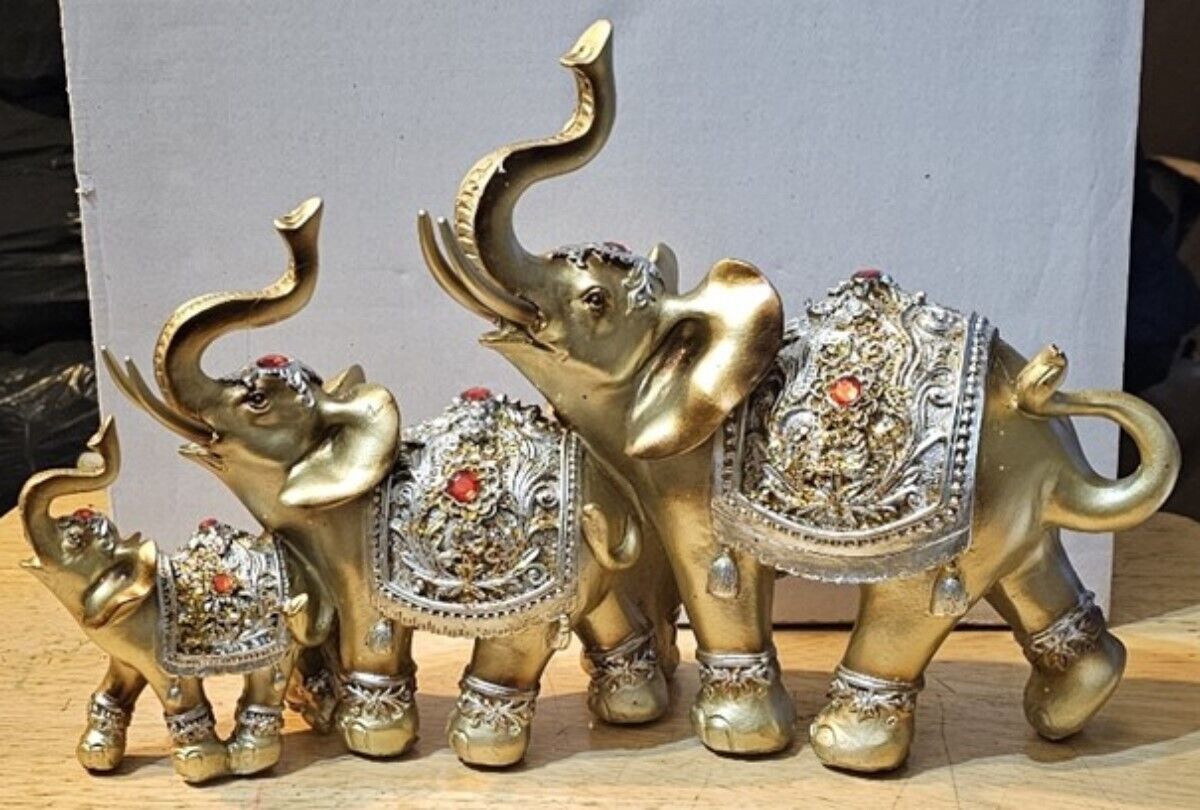 GOLD ELEPHANT FAMILY TRUNK UP GOOD LUCK FORTUNE POWER WILD ANIMAL TUSKS ...