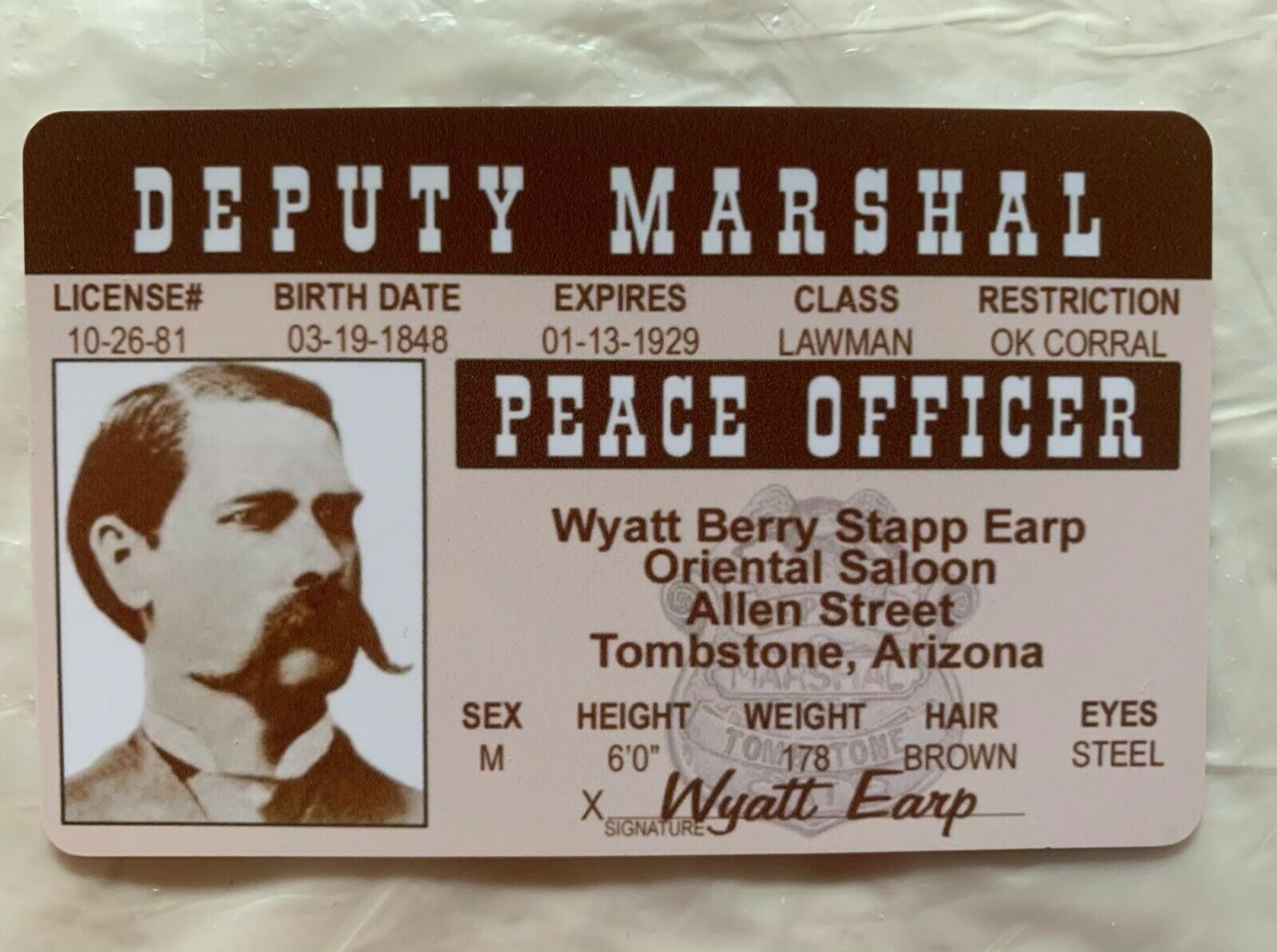 Wyatt Earp Deputy US Marshal ID Card Tombstone OK Corral Dodge City ...