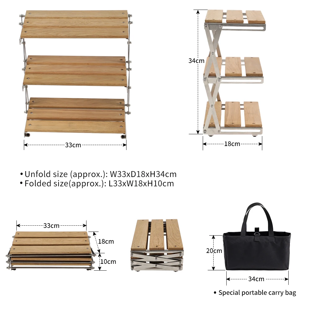 Camping tabletop foldable oak rack 3-shelf wooden collapsible folding ...
