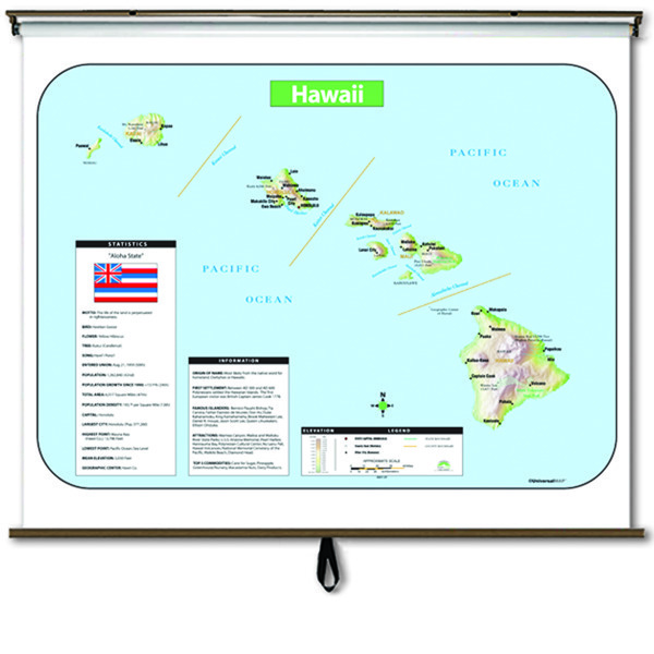 Hawaii Large Scale Shaded Relief Wall Map on Roller with Backboard ...