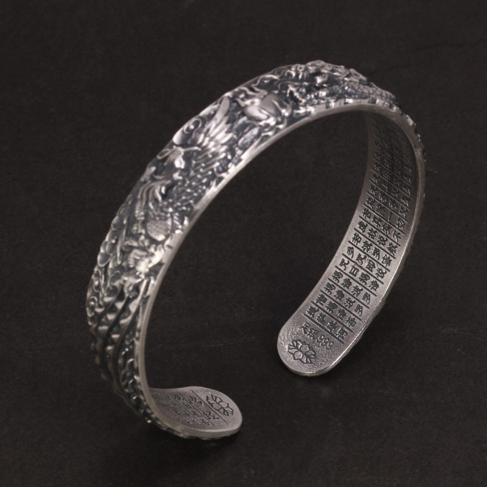 Real 999 Pure Silver Dragon and Phoenix Bangles for Men Heart Sutra ...