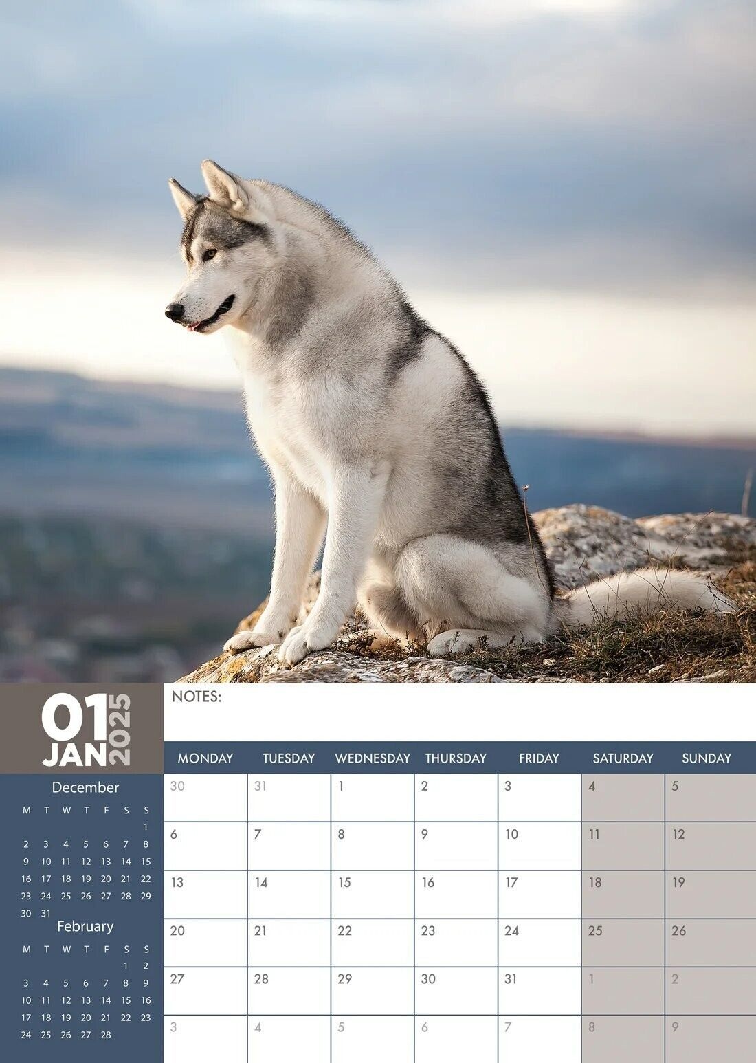 Siberian Husky Dog A3 Calendar 2025 - Month To View - Travel - Calendars