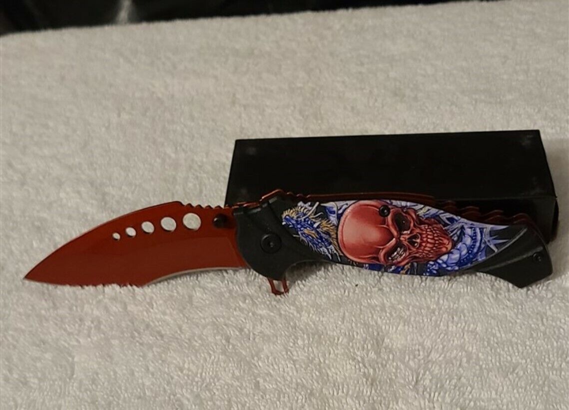 SKULL DRAGON FANTASY MYTHICAL SPRING ASSISTED KNIFE WITH BELT CLIP RED ...