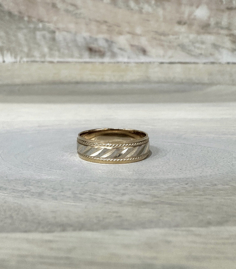 14k Personalized Real Gold Wedding Band Set, Diamond Cut Two Tone ...