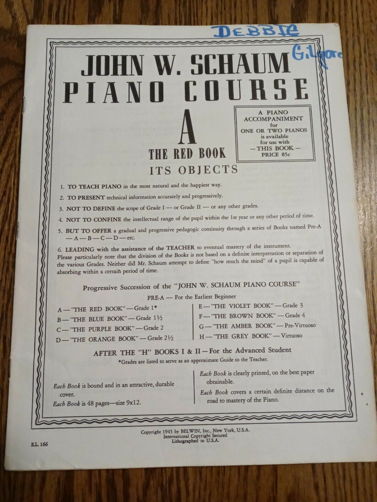 JOHN W. SCHAUM PIANO COURSE A The Red Book Vintage Piano Music 1945 ...