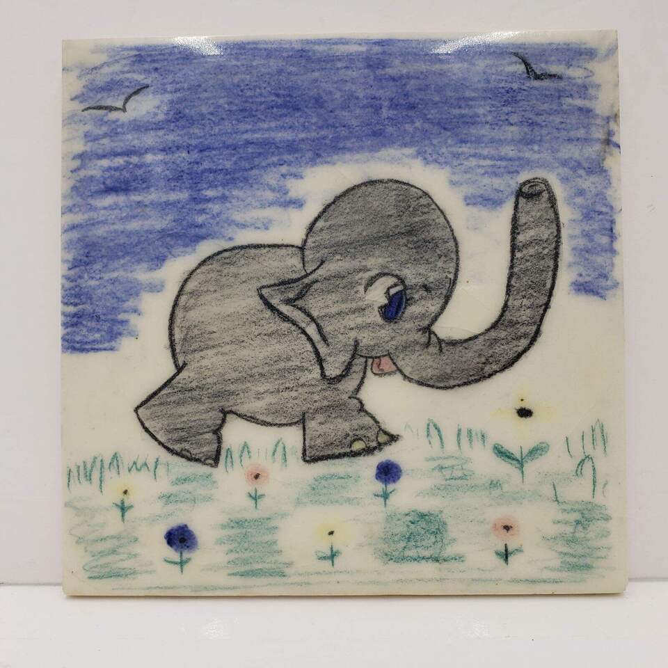 Elephant and Flowers Hand Painted Decorative Ceramic Art Tile 6" Square ...