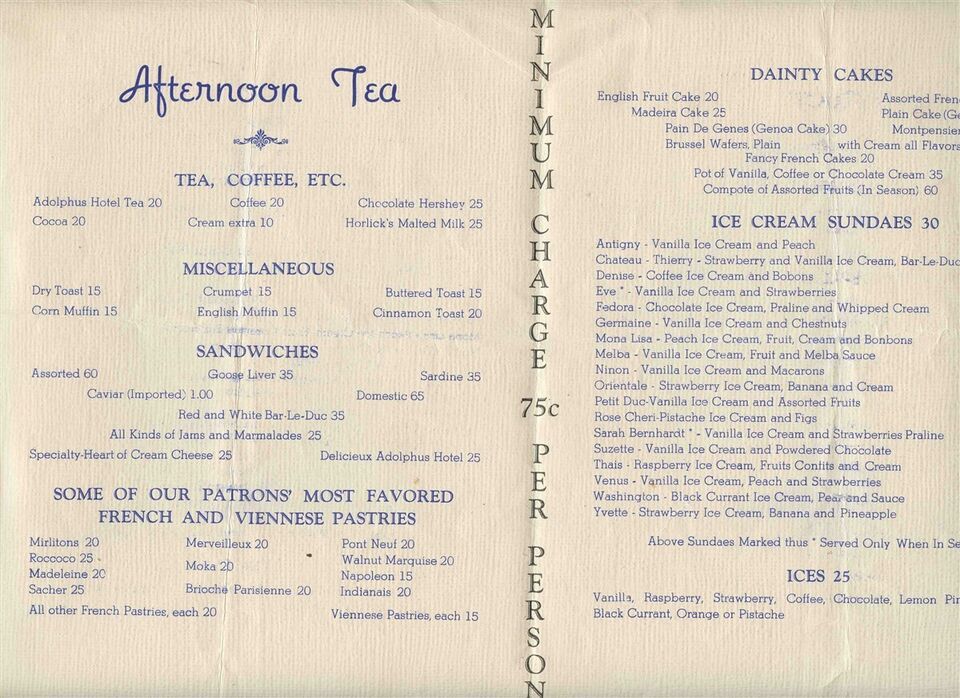 The Adolphus Hotel Afternoon Tea Menu Dallas Texas 1930's - Menus
