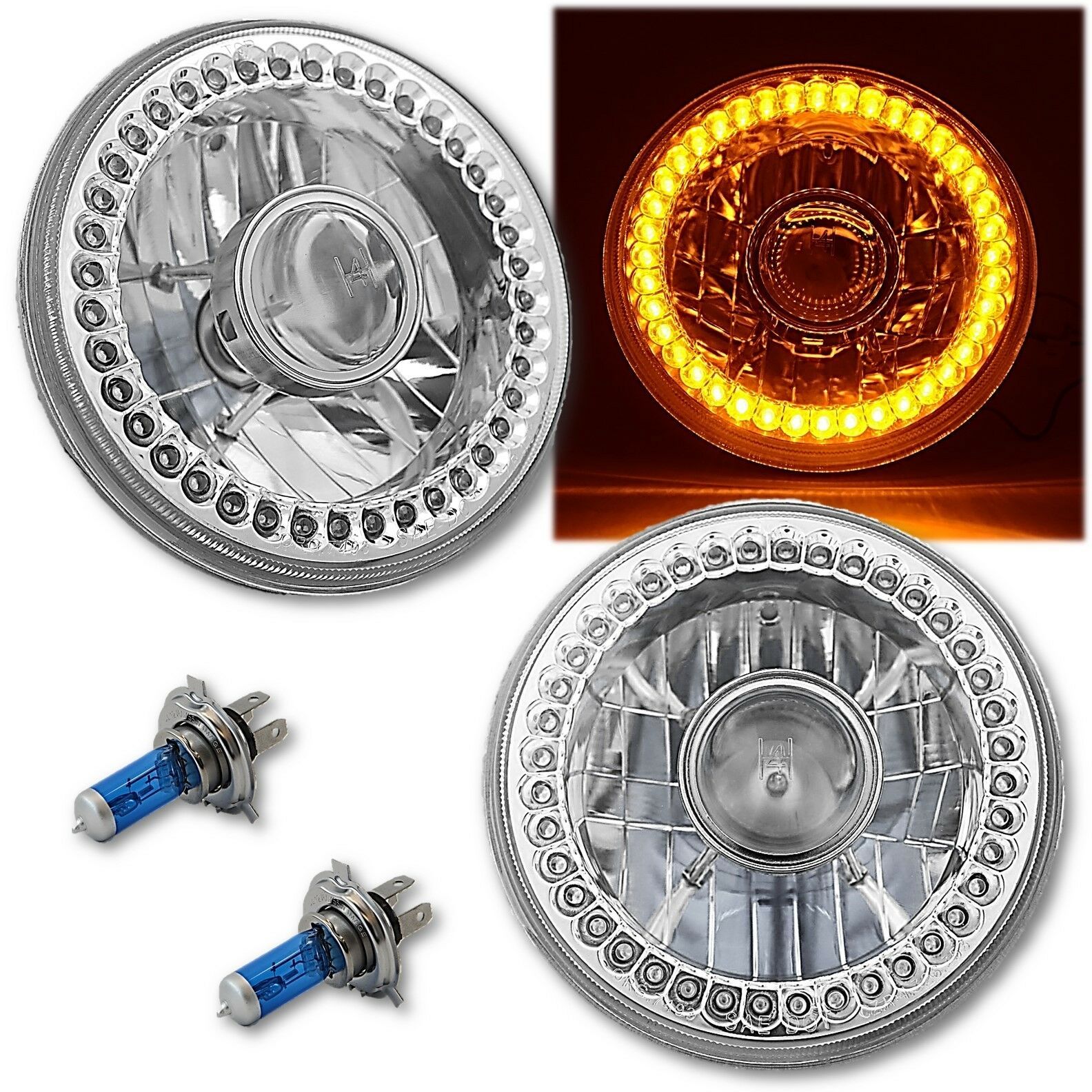 7" Halogen Amber SC LED Halo Angel Eye Projector Headlight Light Lamp ...