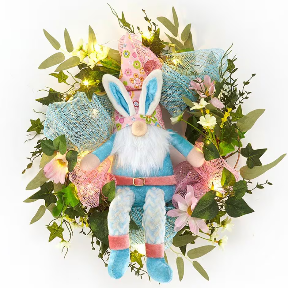 NEW Animated Kicking Easter Bunny Gnome Lighted Floral Wreath 14 in ...