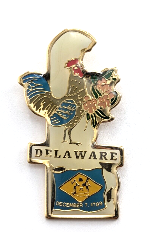 VTG Delaware Blue Hen Bird Peach Blossom DE Flag State Map Enamel Pin ...