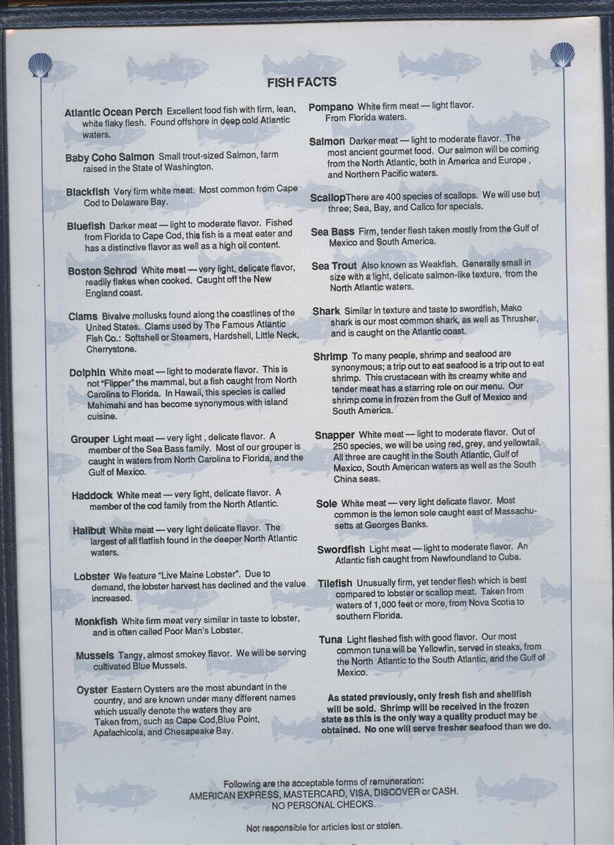 The Famous Atlantic Fish Co Dinner Menu Boston Massachusetts 1992 - Menus