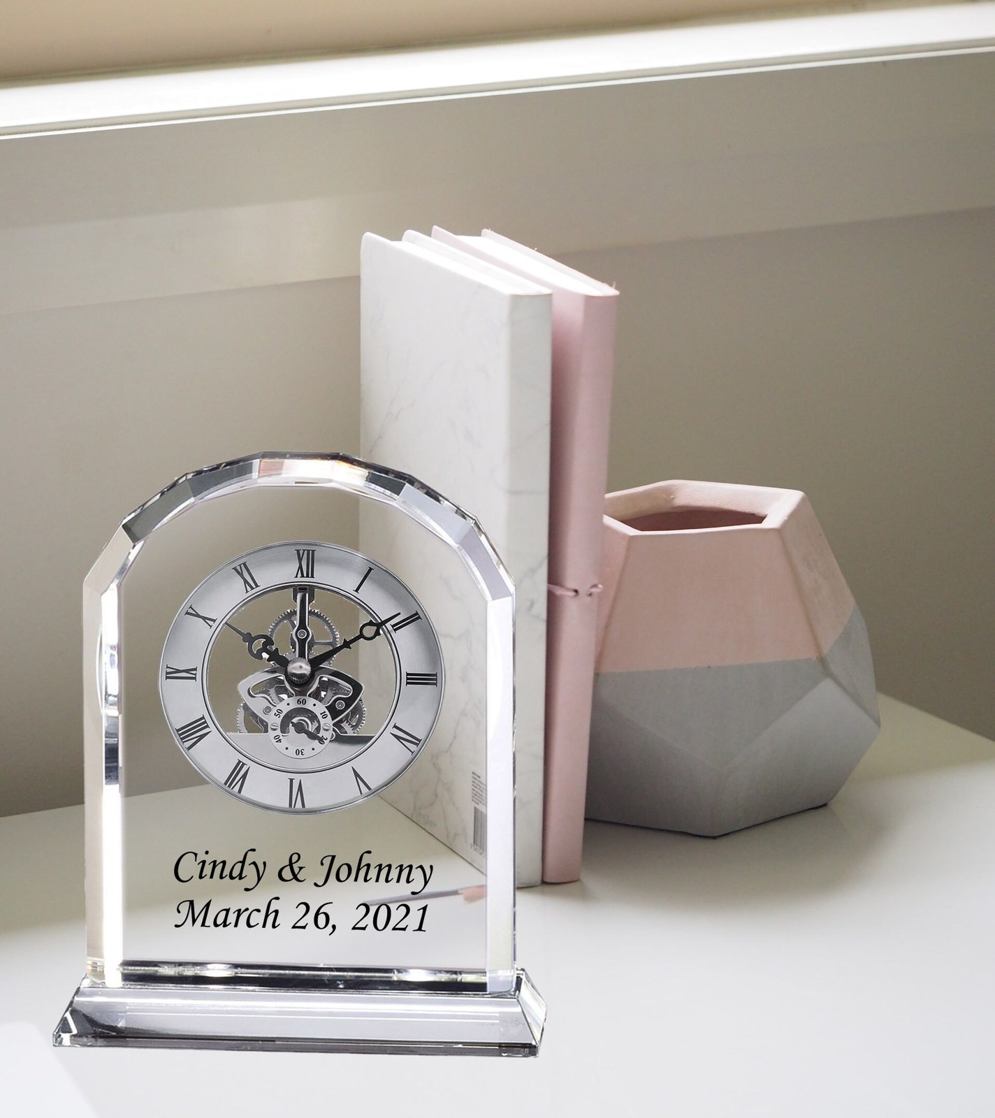 Engraved Crystal Clock Gear Mantel Retirement Etched Wife Husband ...