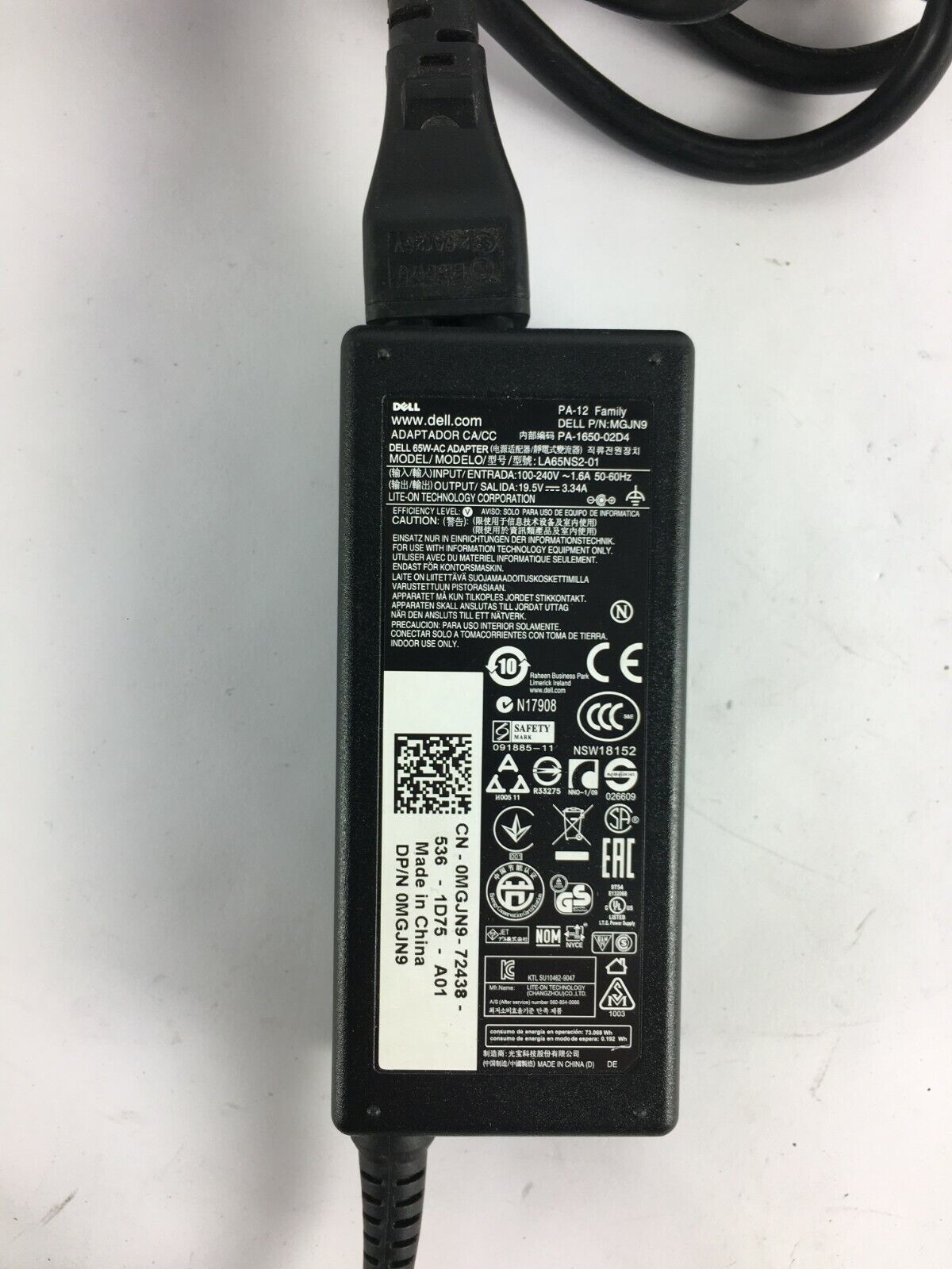 Genuine Dell PA165002D4 Output 19.5 V 3.34 A PA12 Power Supply Adapter ...