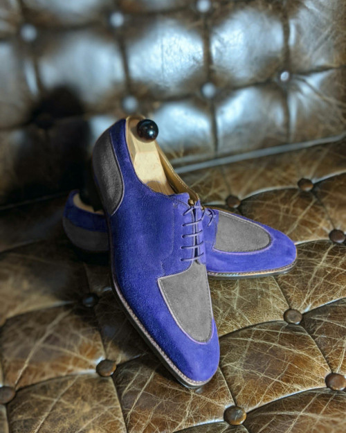 Handmade Gray Blue Fashion Spilt Toe Suede Casual Lace Up Shoes - Men