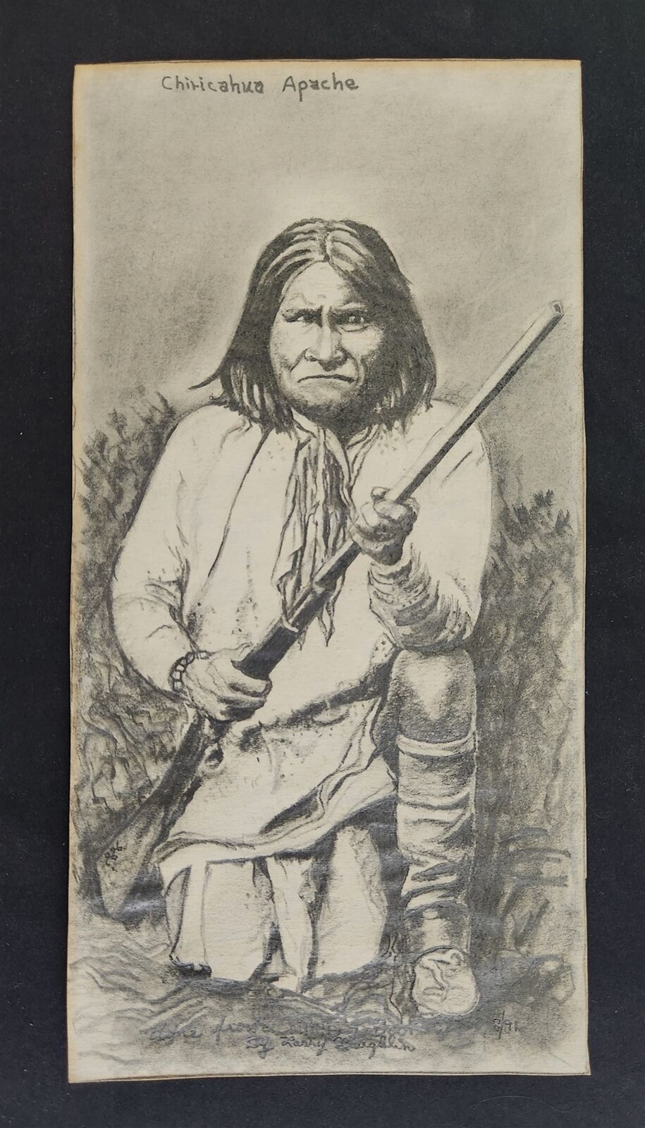 vintage GERONIMO chiricahuca apache indian ORIG pencil SKETCH ART larry ...