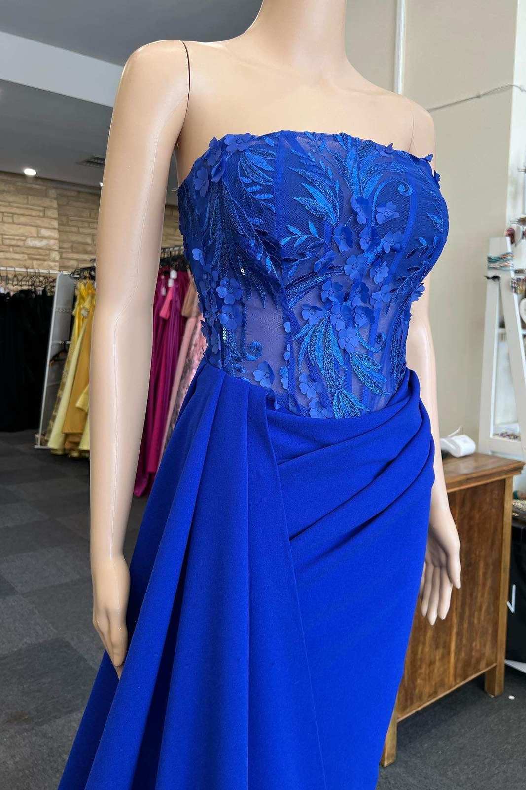 Royal Blue Appliques Strapless Long Formal Gown with Attached Train ...