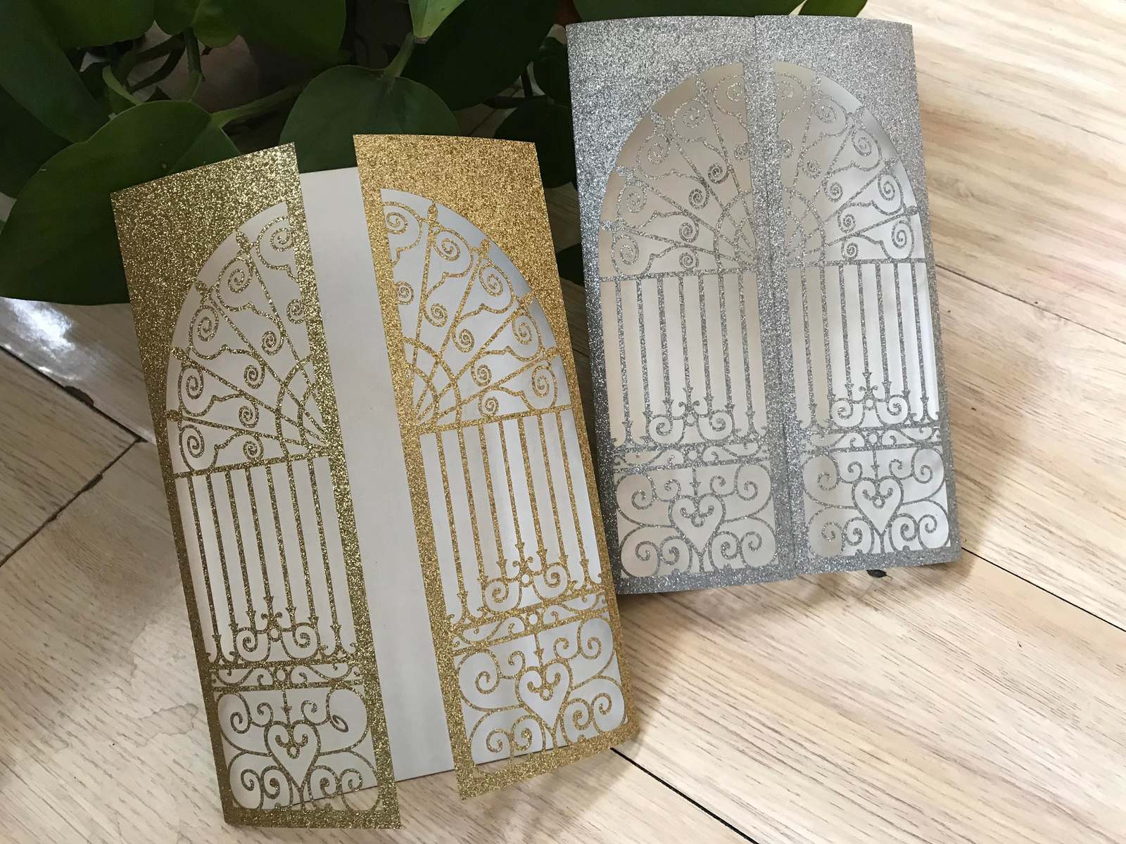50pieces Glitter Silver Laser Cut Wedding Cards,Gate Wedding Invitation ...