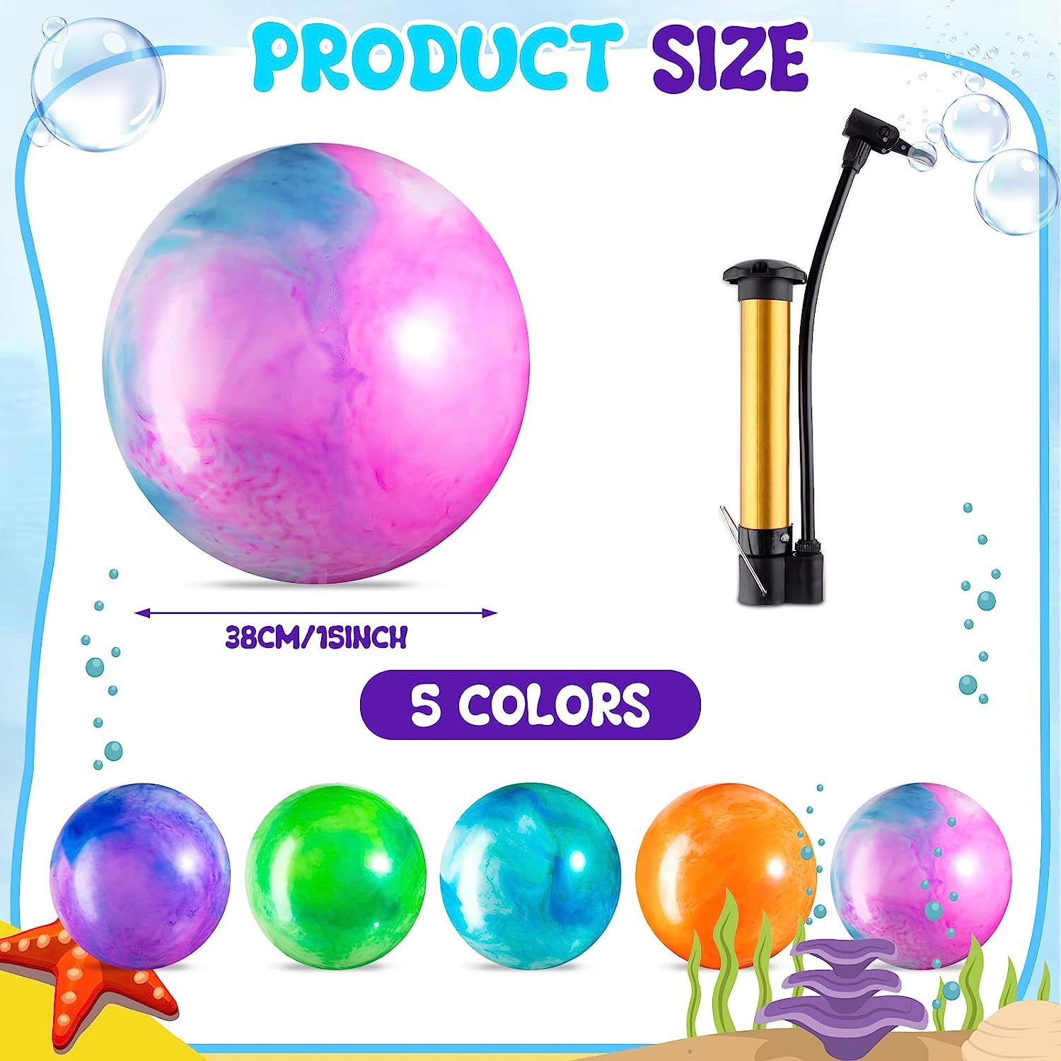 10 Pcs 15" Marbleized Bouncy Balls Pvc Inflatable Ball Colorful Play ...